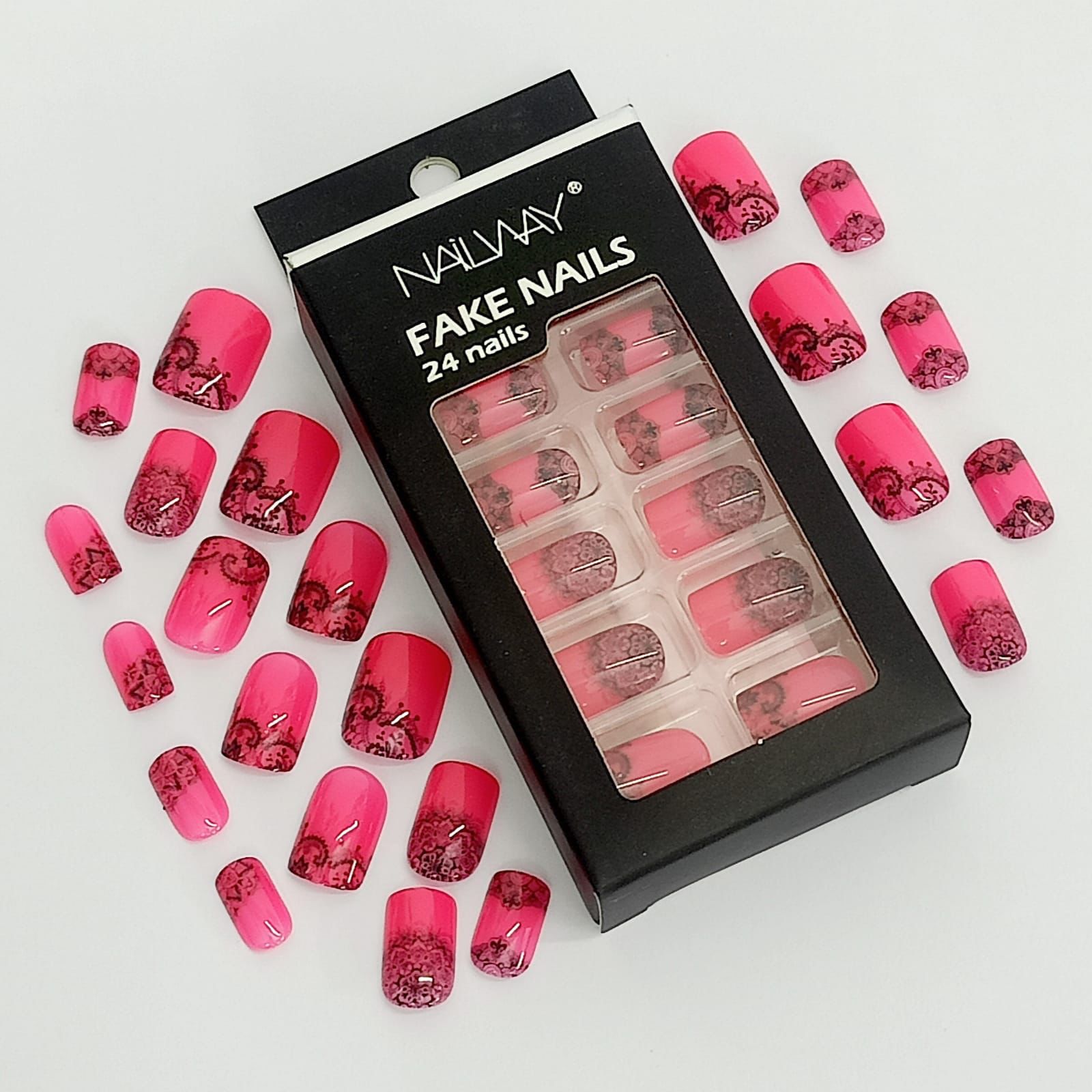 Nailway Hot Pink Design Fake Nails Medium-24 Nails - Carnesia